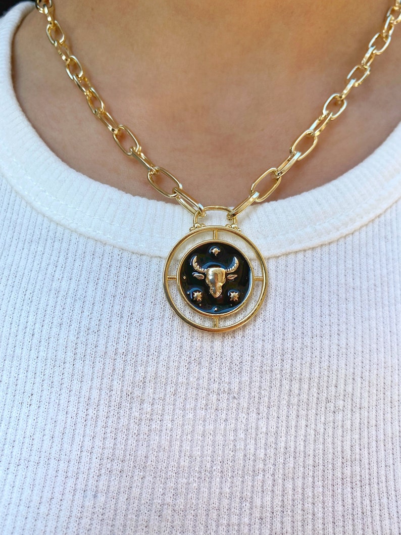 Taurus Bull Zodiac Sign Medallion Gold Coin Necklace Rising - Etsy