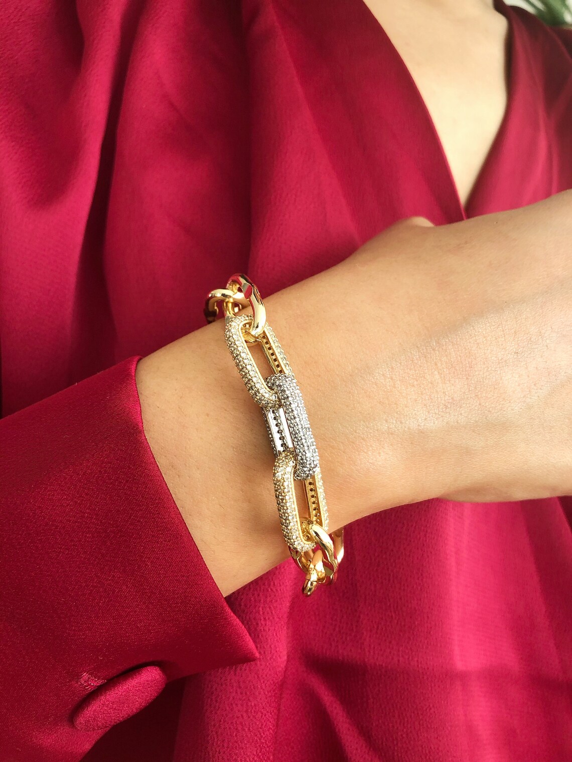 Micro Pave Chunky Cuban Link Chain Bracelet SET CZ Gold | Etsy