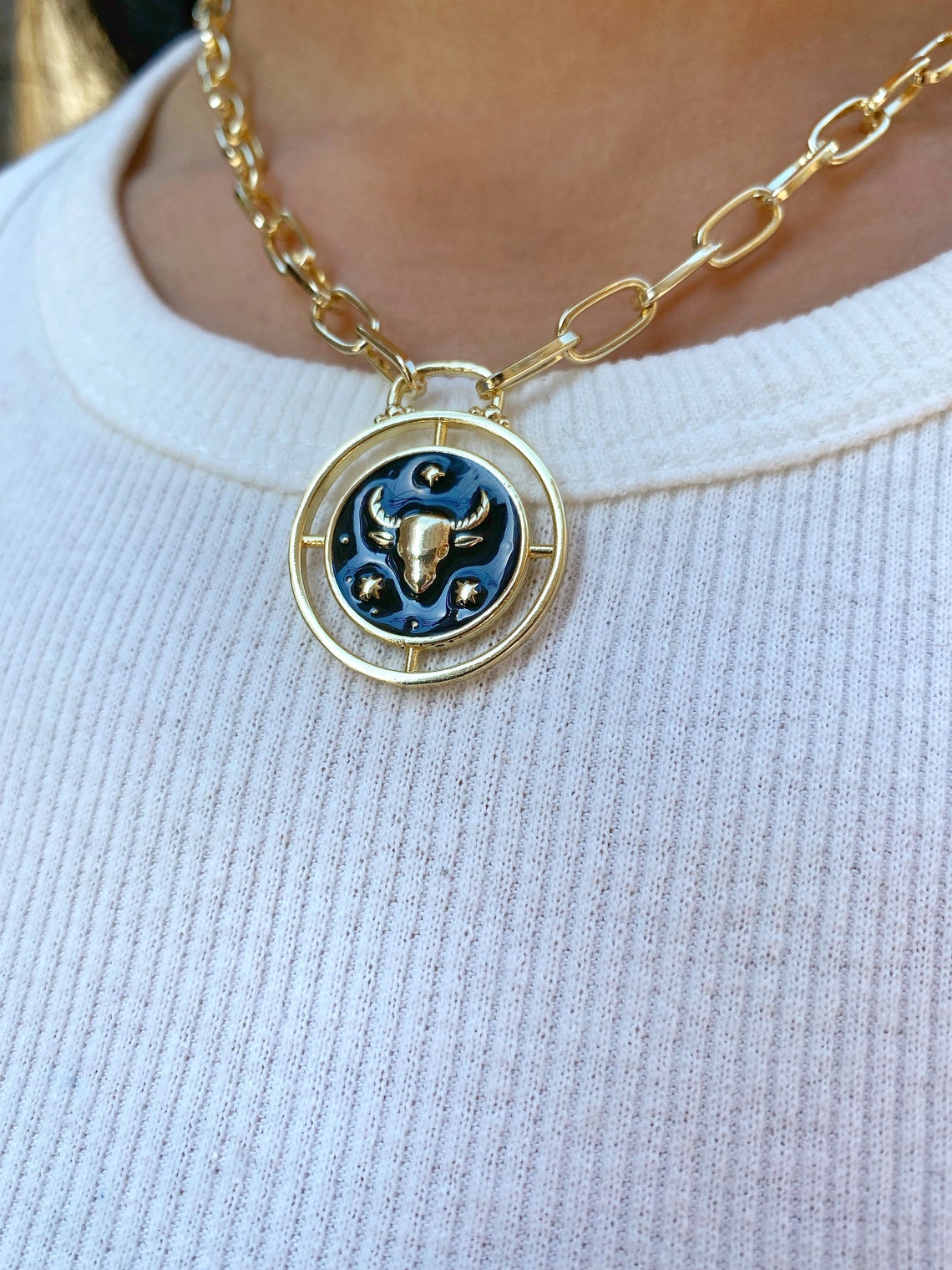 Taurus Bull Zodiac Sign Medallion Gold Coin Necklace Rising - Etsy