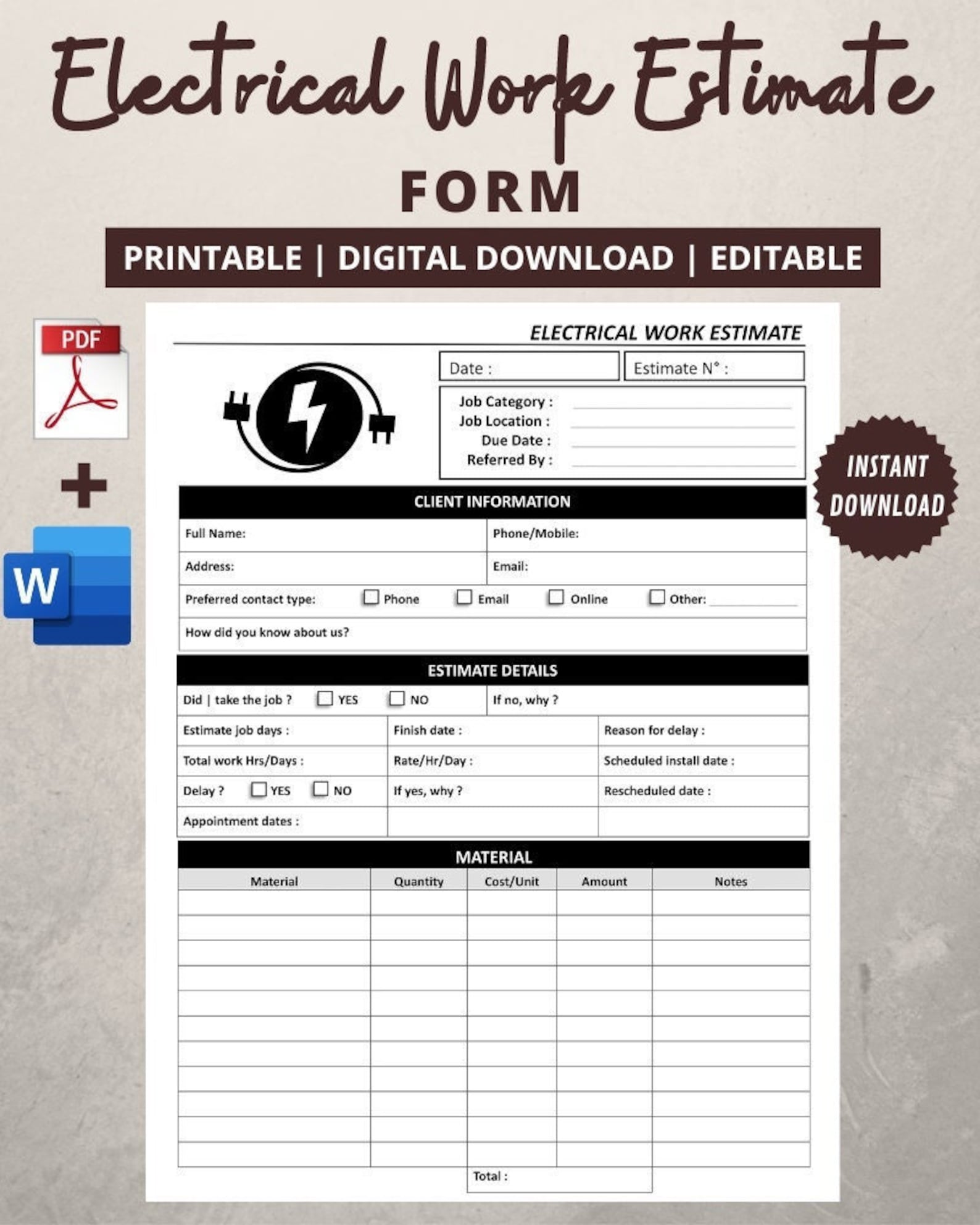 Electrical Estimate Form | Electrical Estimating Sheets | Printable Job ...
