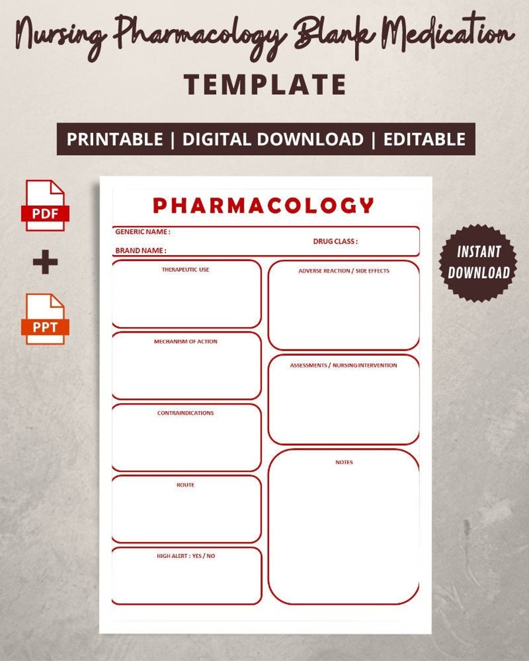 Nursing Pharmacology Medication Template: Printable Study Sheet (PDF ...