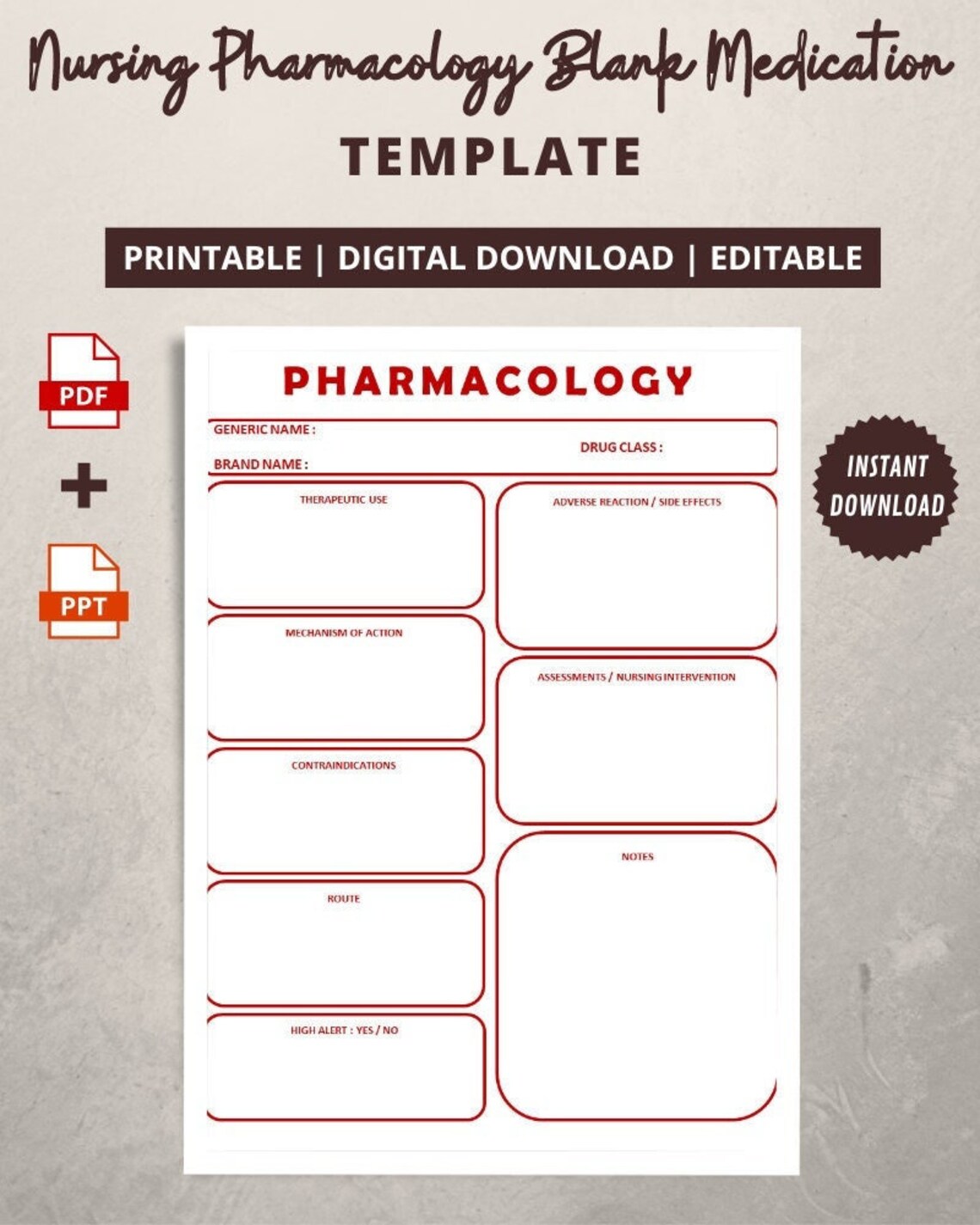 Nursing Pharmacology Medication Template: Printable Study Sheet (PDF ...