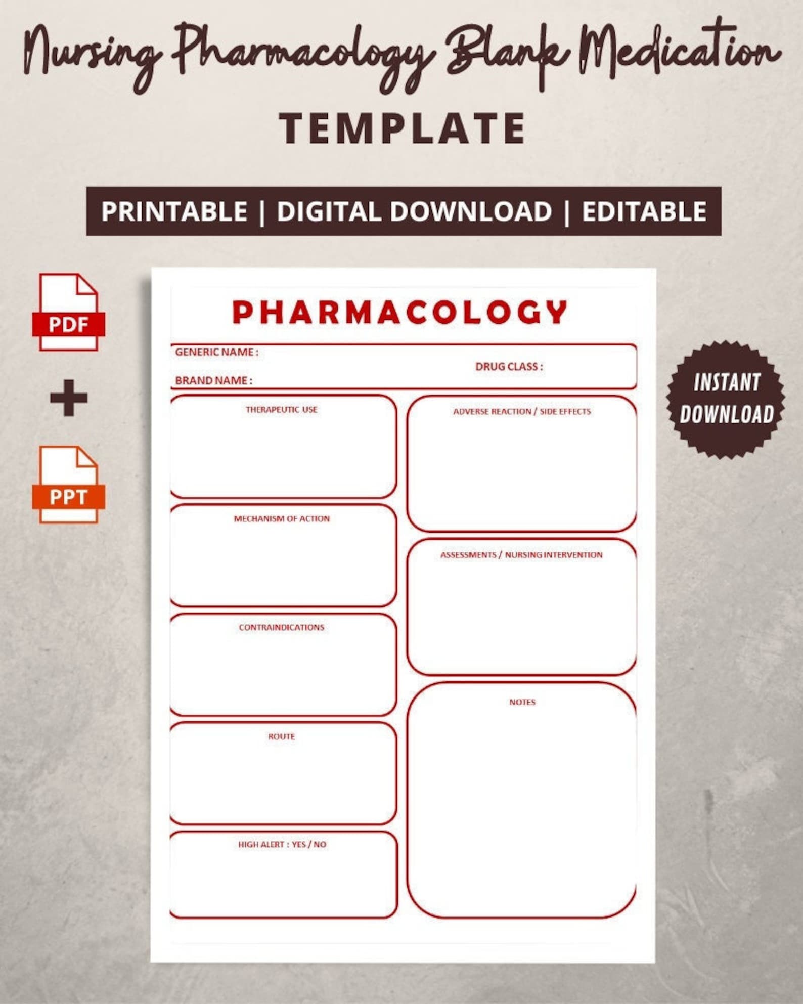 Nursing Pharmacology Medication Template: Printable Study Sheet (PDF ...