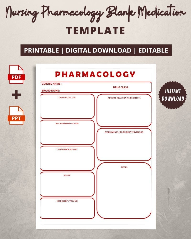 Nursing Pharmacology Medication Template: Printable Study Sheet (PDF ...