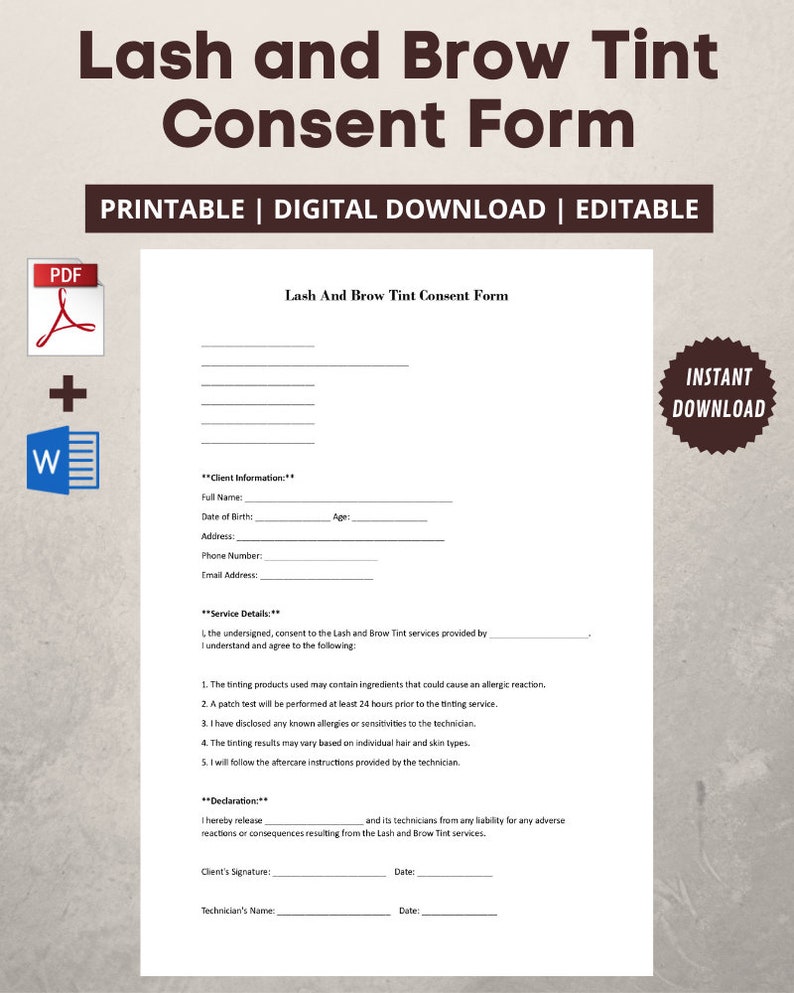 Editable Lash and Brow Tint Consent Form Template | MS Word & PDF - Etsy