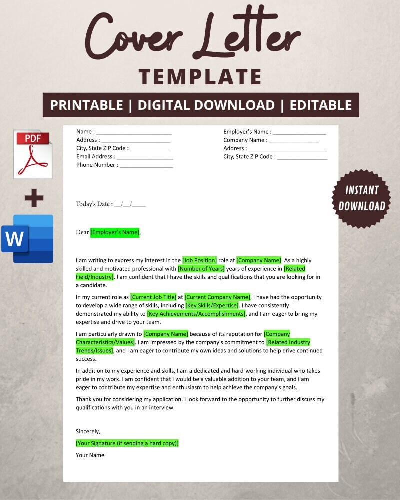 Professional Cover Letter Template Editable MS Word File - Etsy