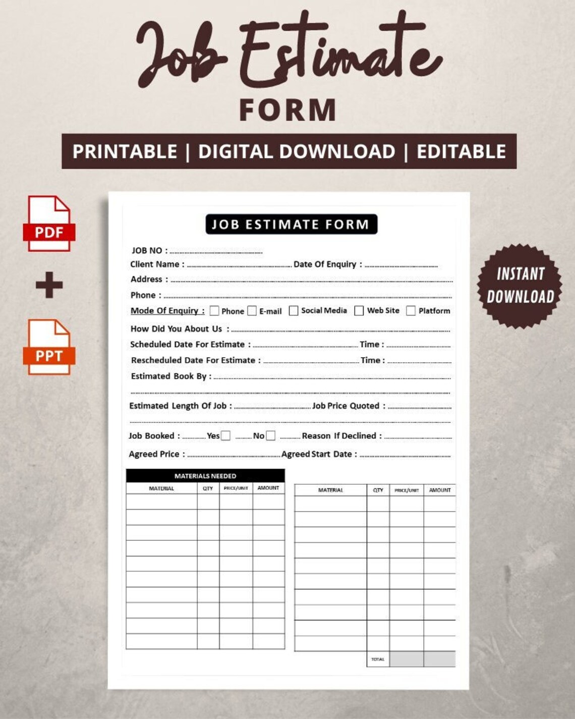 Job Estimate Form | Printable Job Estimate Template | Pdf/microsoft ...