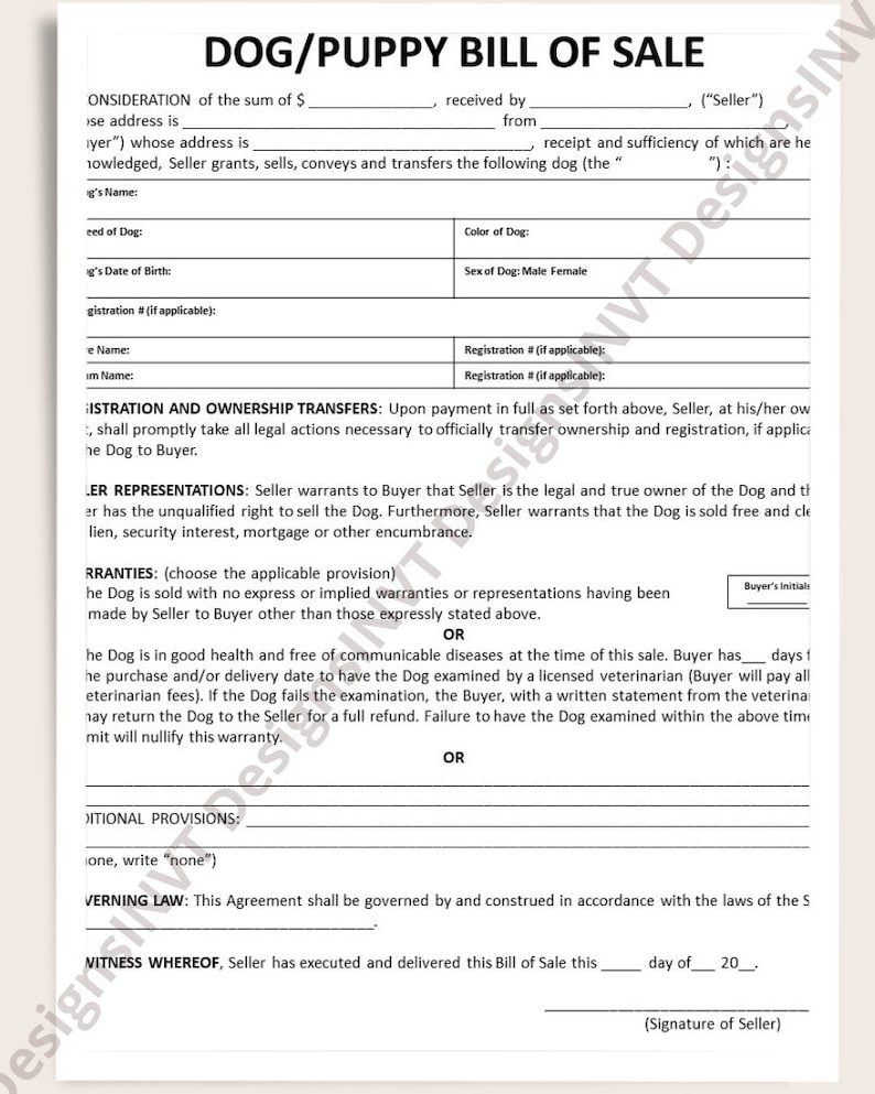 Dog/puppy Bill of Sale Form | Editable PPT File | Pet Bill of Sale Form ...