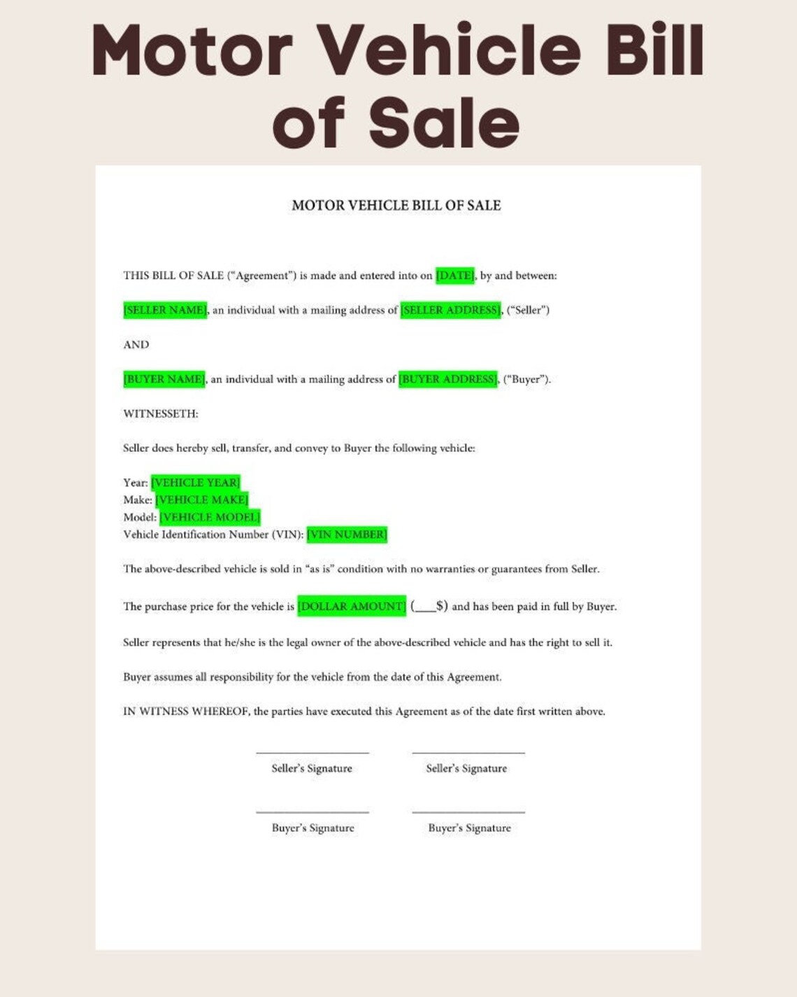 Professional Motor Vehicle Bill of Sale Form | Editable MS WORD File - Etsy