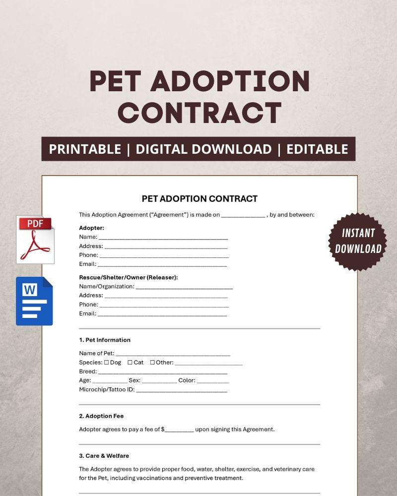 Pet Adoption Contract Template | Animal Adoption Agreement | Printable ...