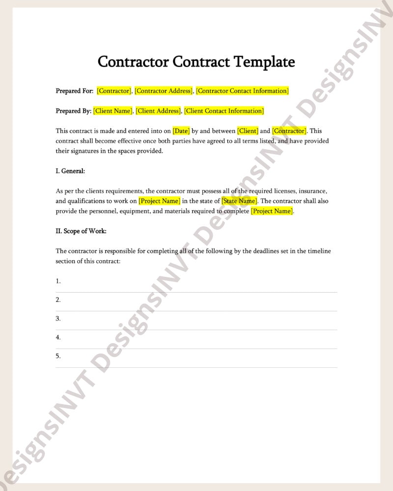 Editable Business Contract | Contractor Contract Template | Printibale ...