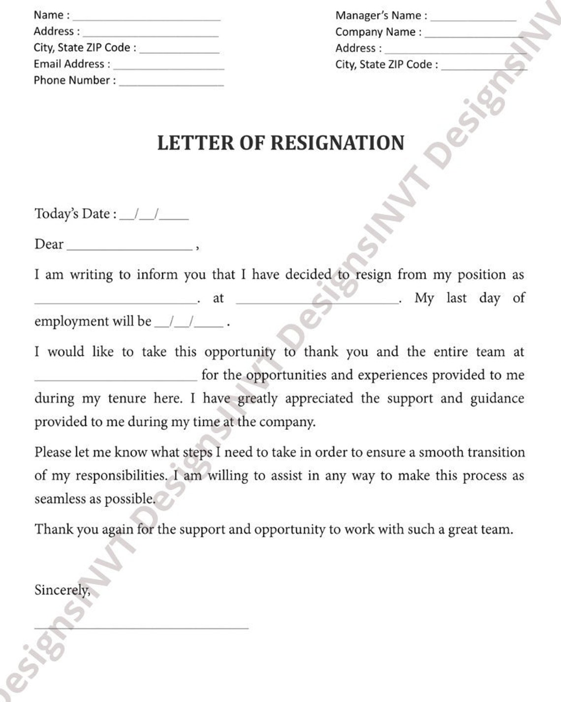 Sample Resignation Letter Template | MS WORD/PDF File - Etsy