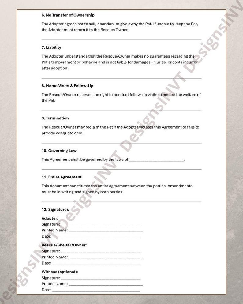 Pet Adoption Contract Template | Animal Adoption Agreement | Printable ...