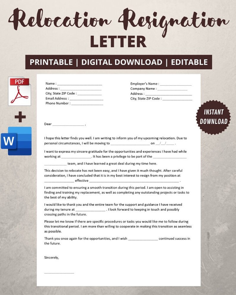 Editable Relocation Resignation Letter Template - Etsy