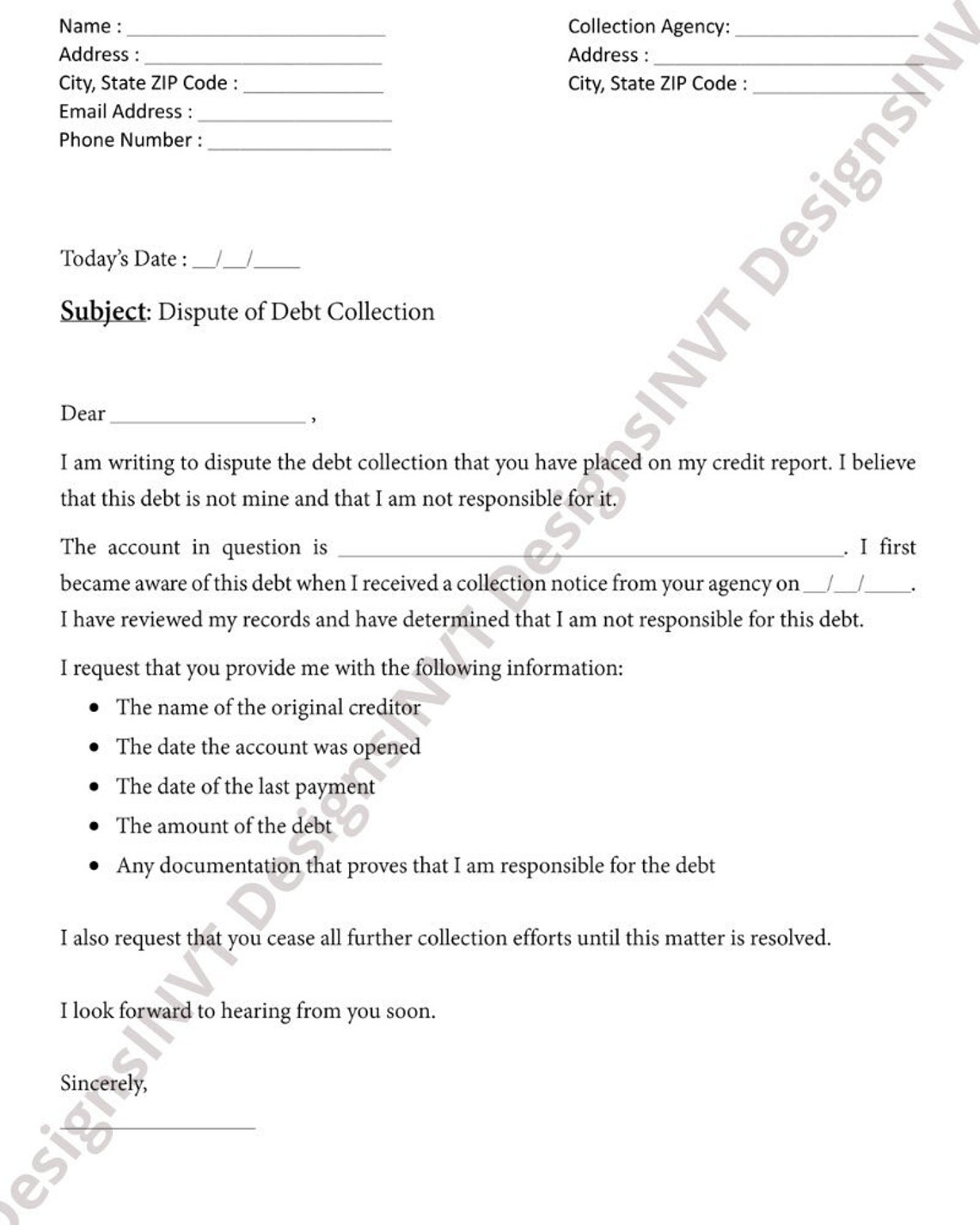 Professional Debt Collection Dispute Letter Template - Etsy
