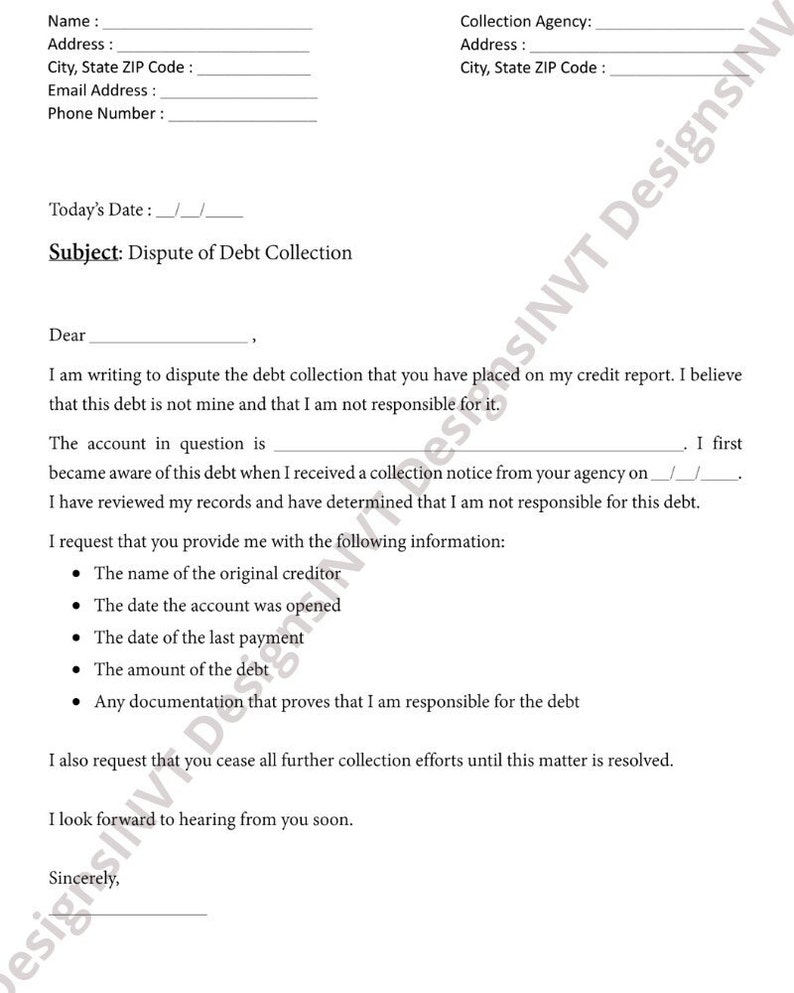 Professional Debt Collection Dispute Letter Template - Etsy