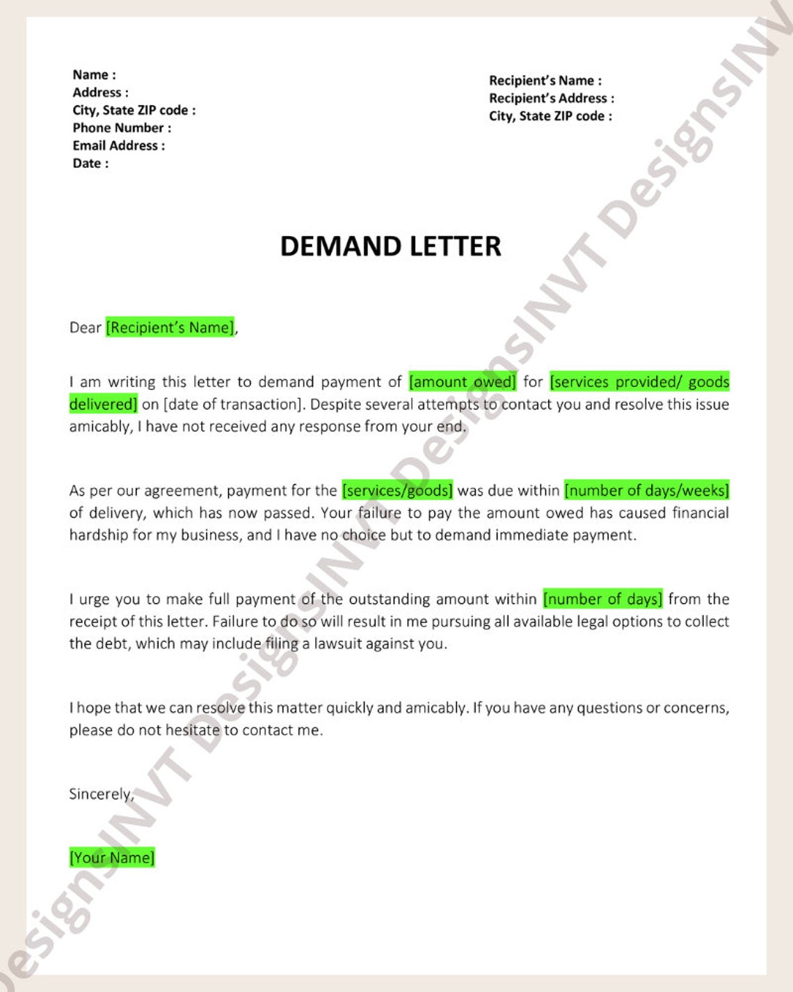 Editable Demand Letter Template - Etsy