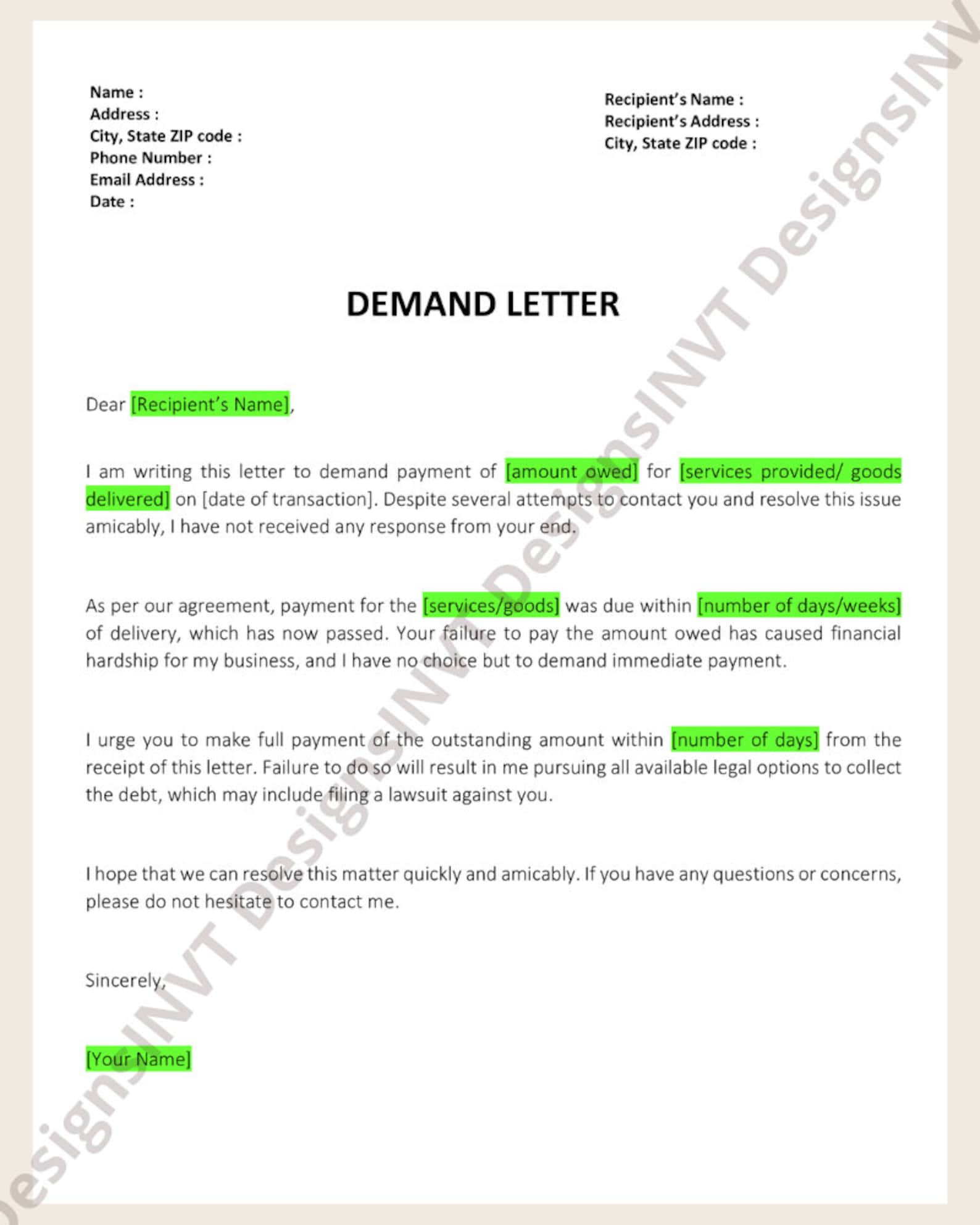 Editable Demand Letter Template - Etsy