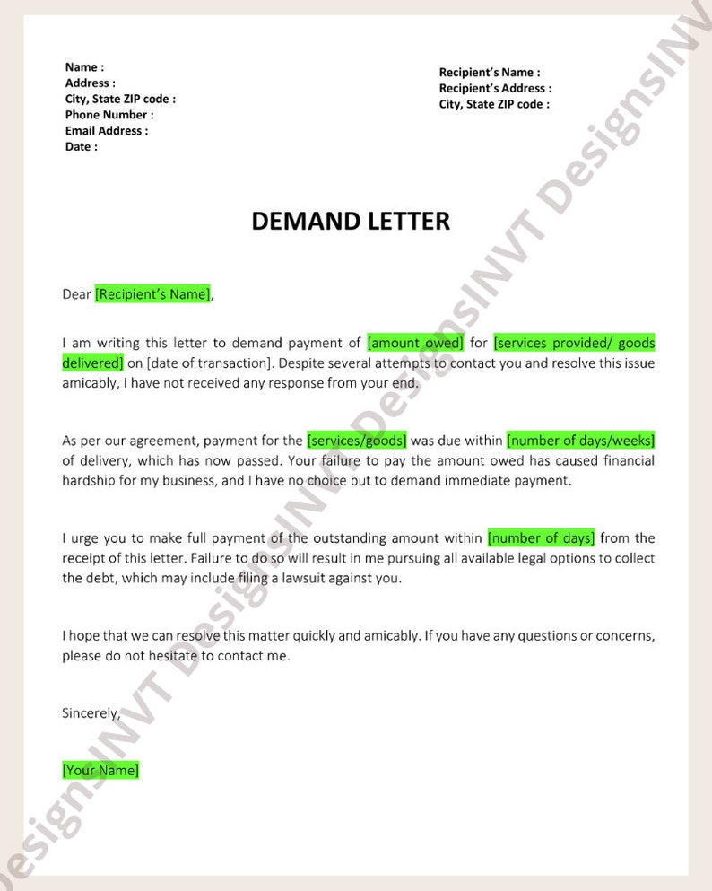 Editable Demand Letter Template - Etsy