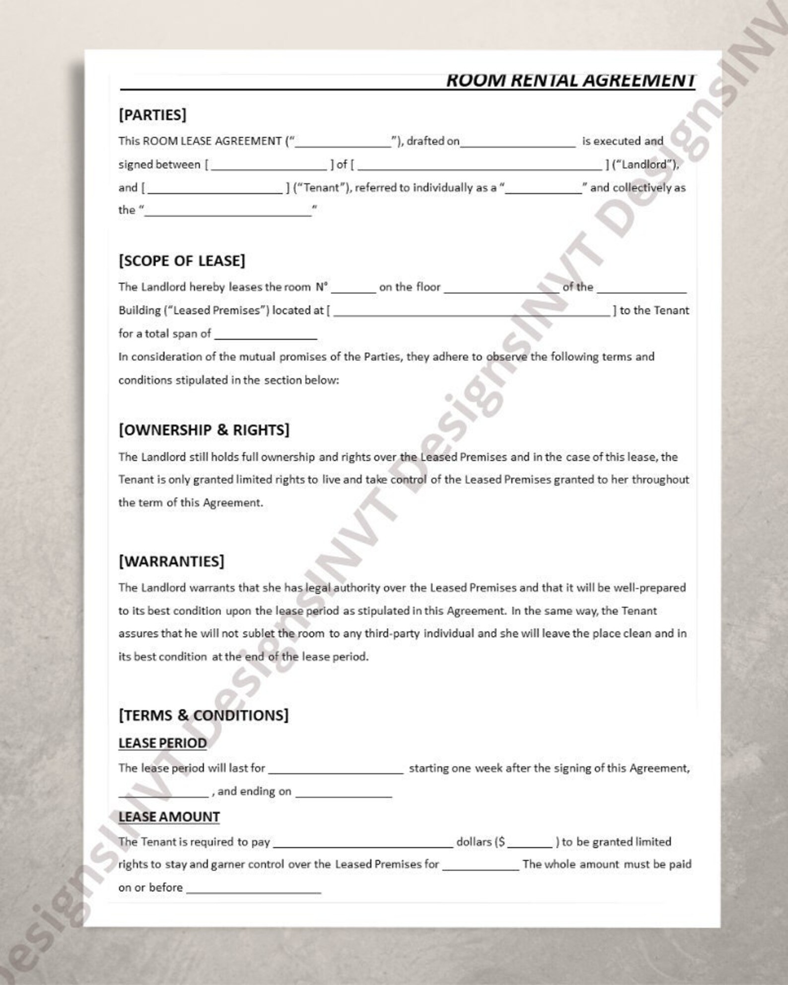 Room Rental Agreement Template | Room Rental Contract Form | Contract ...