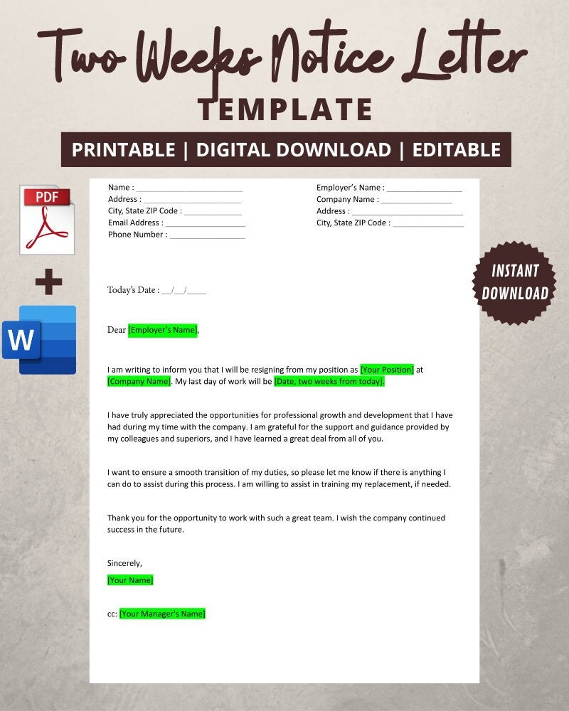 Professional Two Weeks Notice Letter Template - Etsy