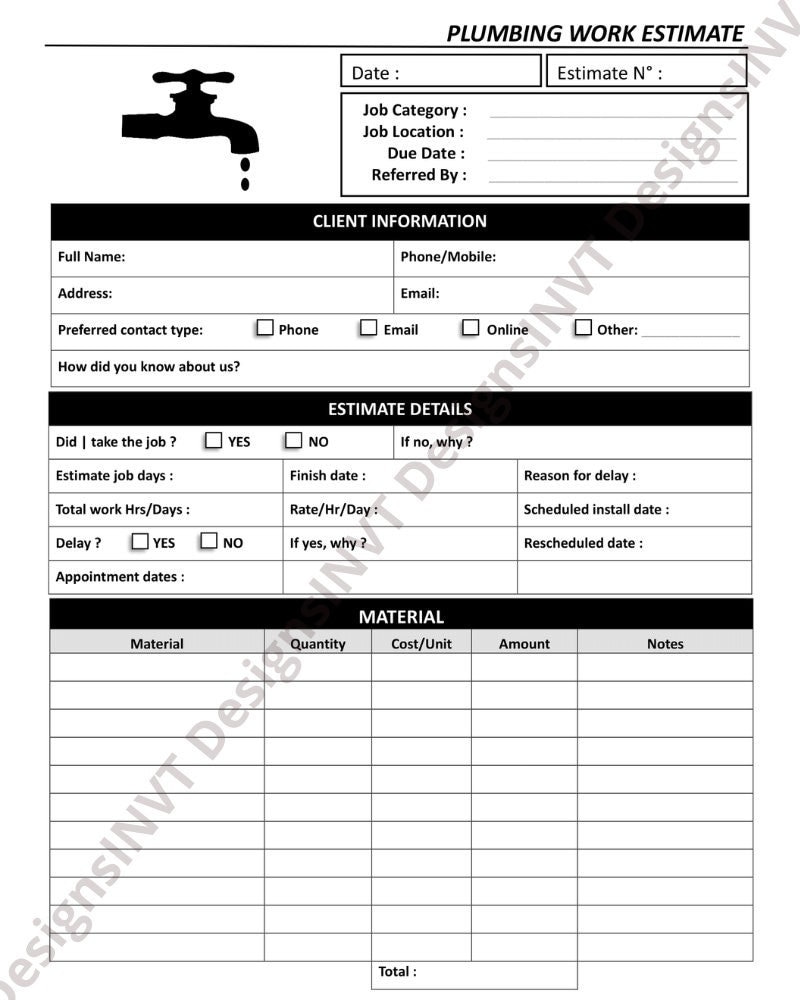 Hojas De Despegue De Material De Plomería En Excel Para Formulario