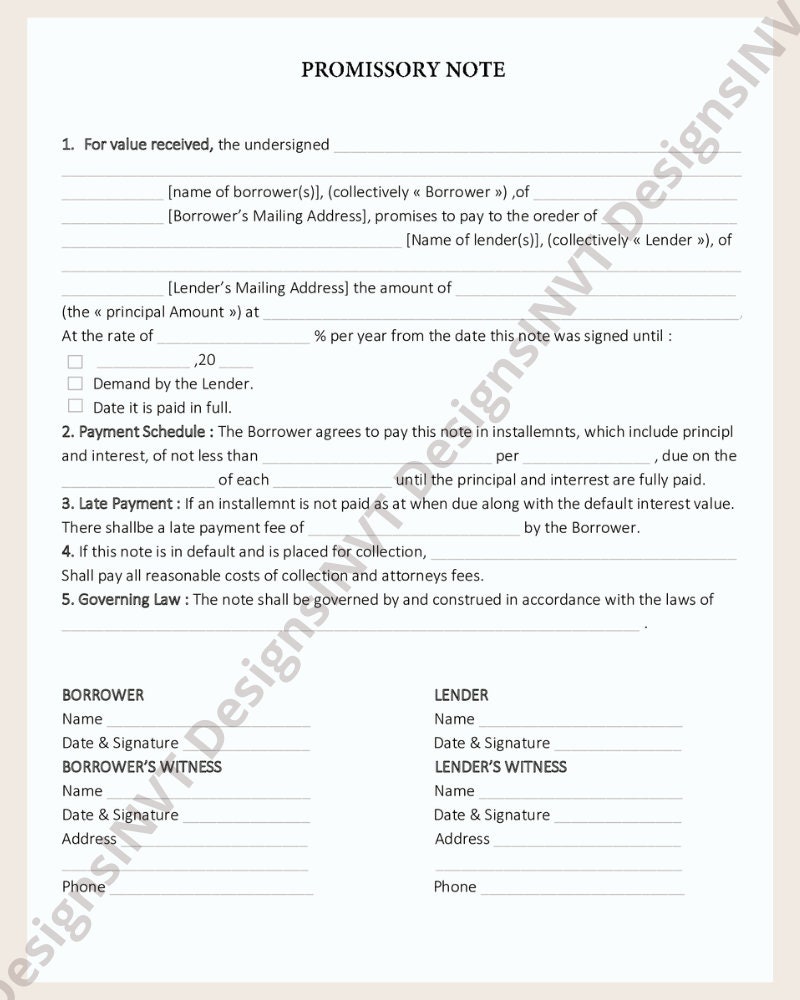 Promissory Note Form Template | Editable MS WORD File | Instant ...