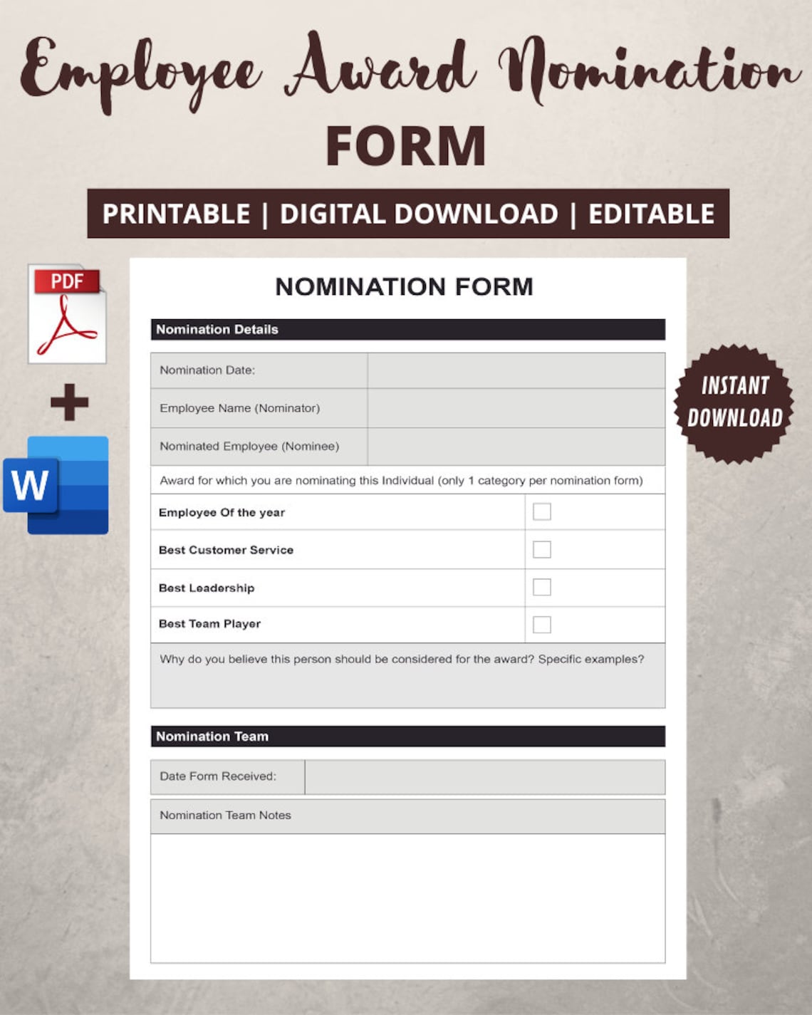 Printable Employee Award Nomination Form (PDF & DOC) - Etsy