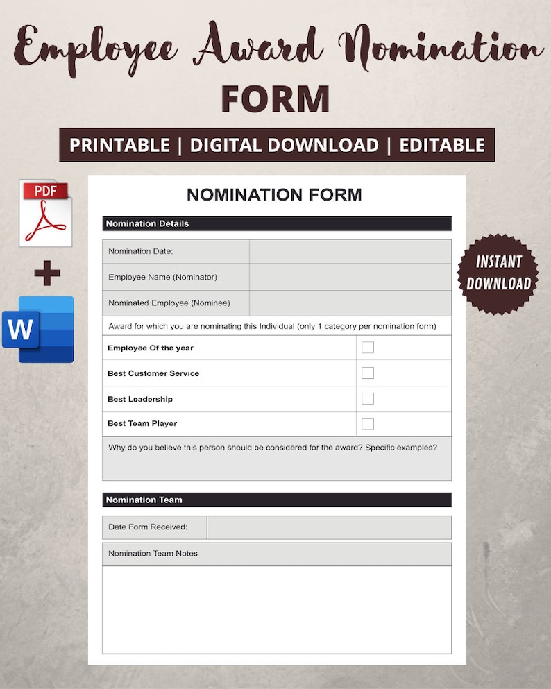 Printable Employee Award Nomination Form (PDF & DOC) - Etsy