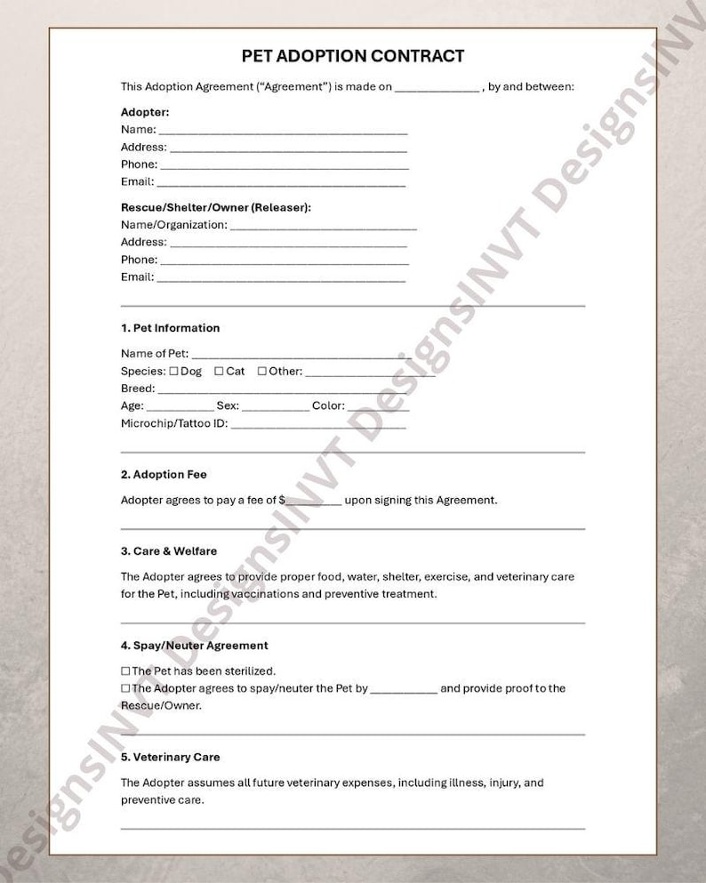 Pet Adoption Contract Template | Animal Adoption Agreement | Printable ...