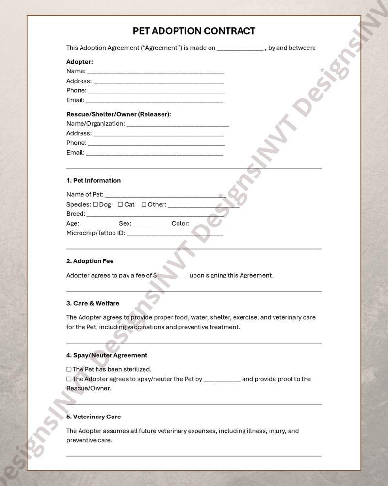 Pet Adoption Contract Template | Animal Adoption Agreement | Printable ...