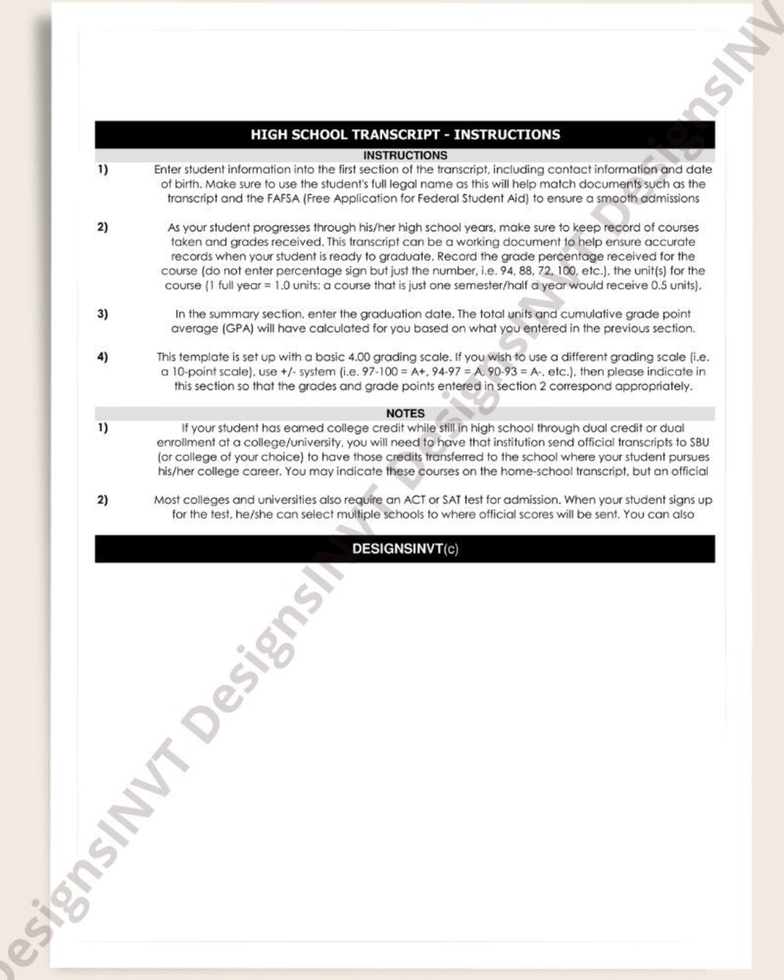 Fillable High School Transcript Template: Editable GPA Form (digital Download) - Etsy