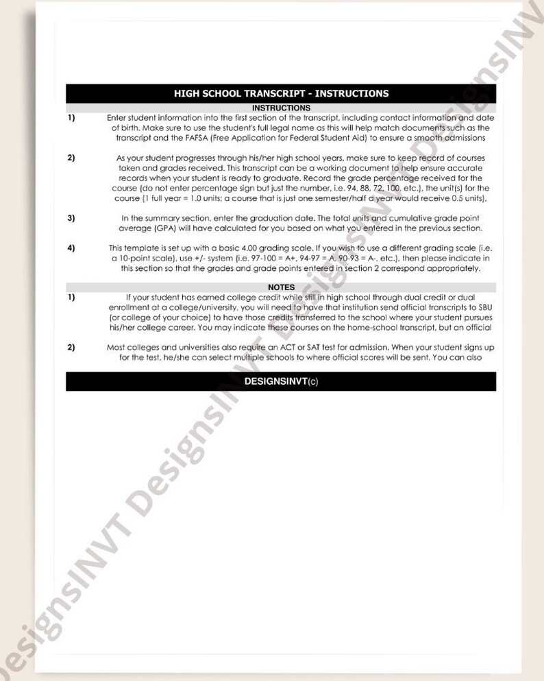 Fillable High School Transcript Template: Editable GPA Form (digital ...