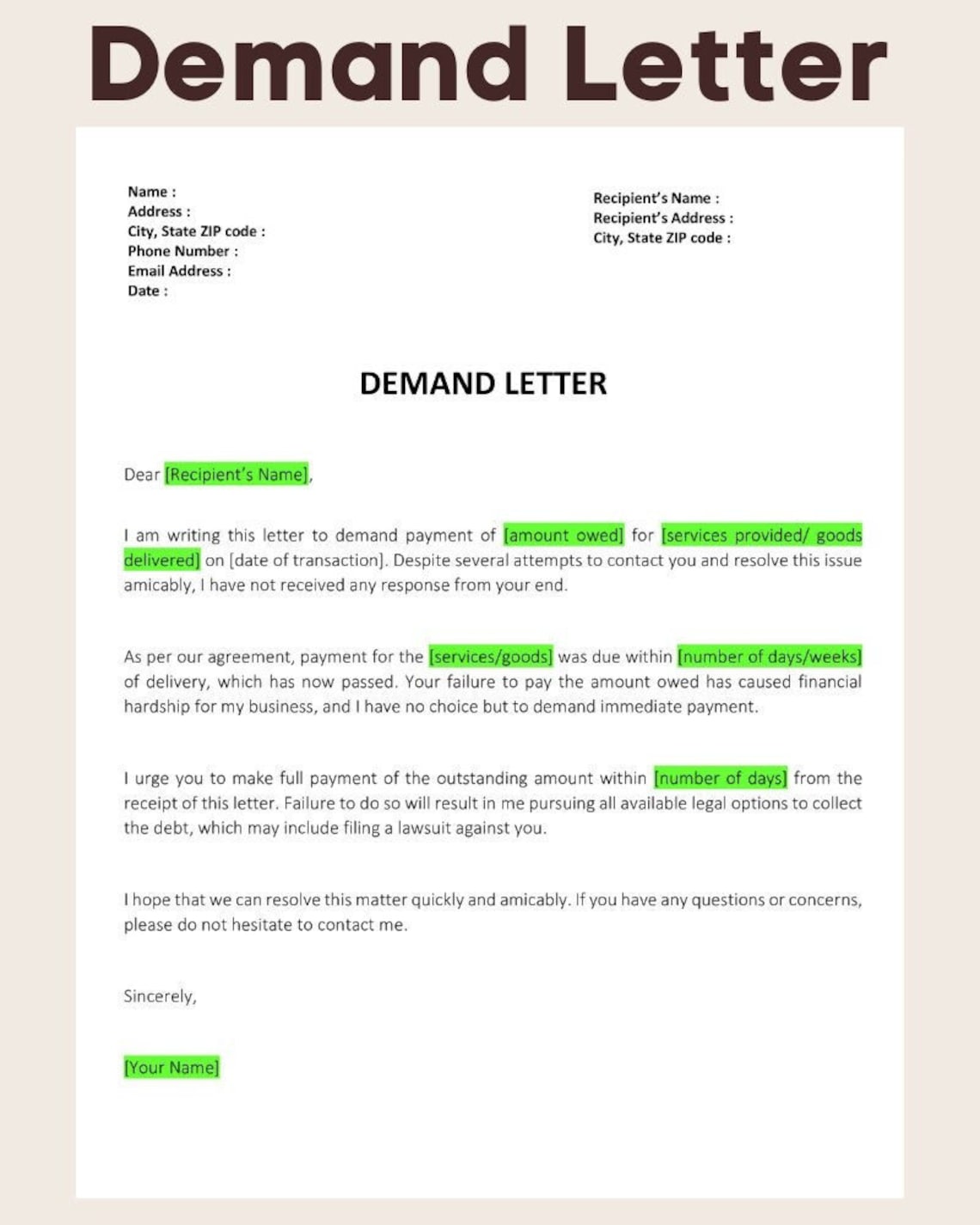 Editable Demand Letter Template - Etsy