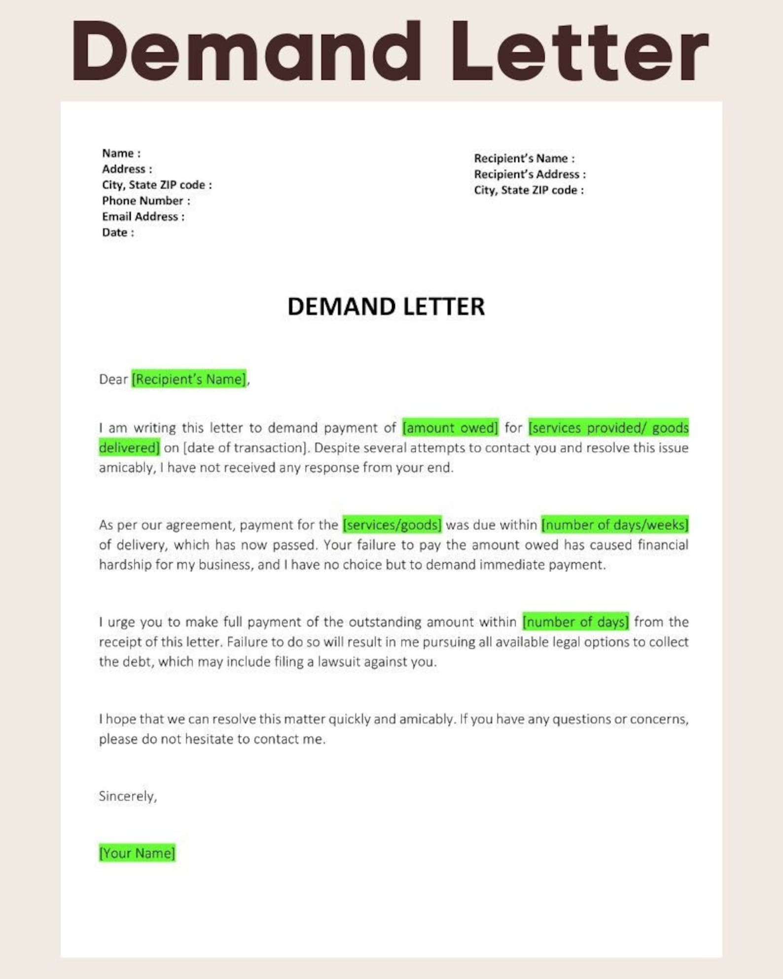 Editable Demand Letter Template - Etsy