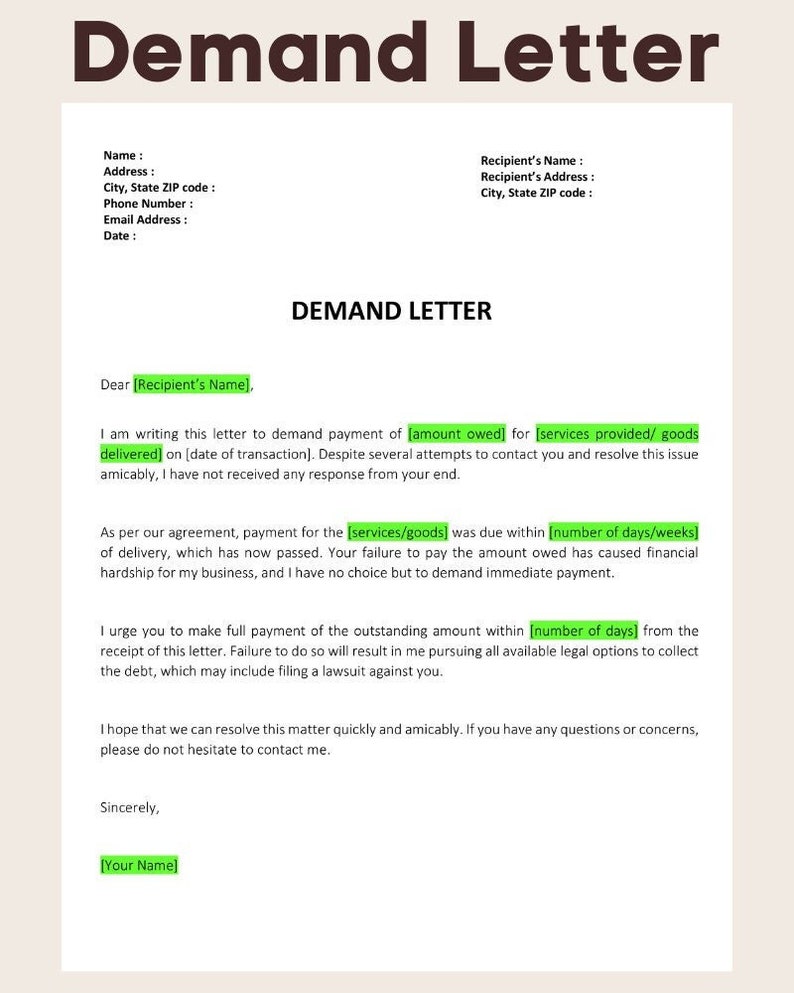 Editable Demand Letter Template - Etsy