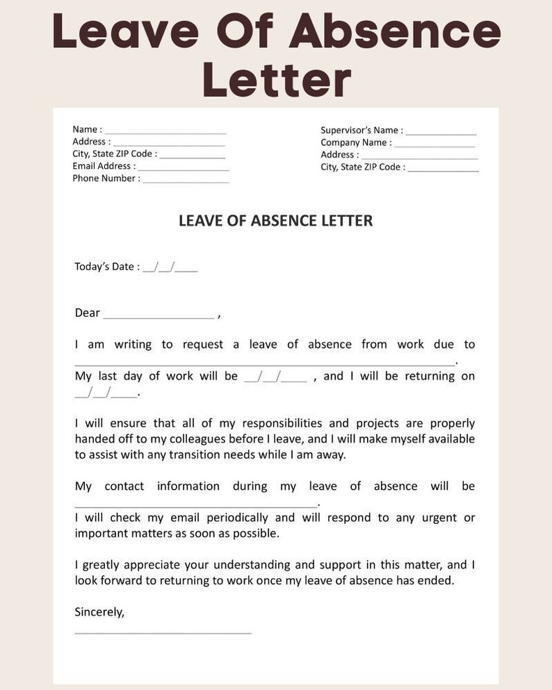 Leave of Absence Letter Template: Professional Form (PDF & PPT) - Etsy