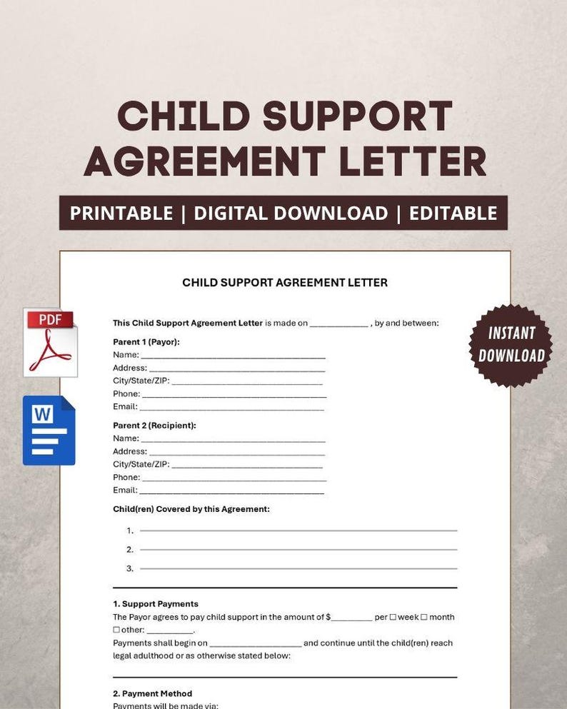 Child Support Agreement Letter Template | Co-parenting Financial ...