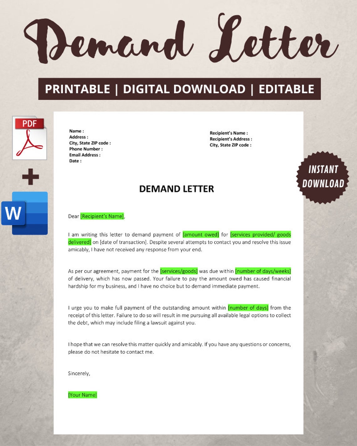 Editable Demand Letter Template - Etsy