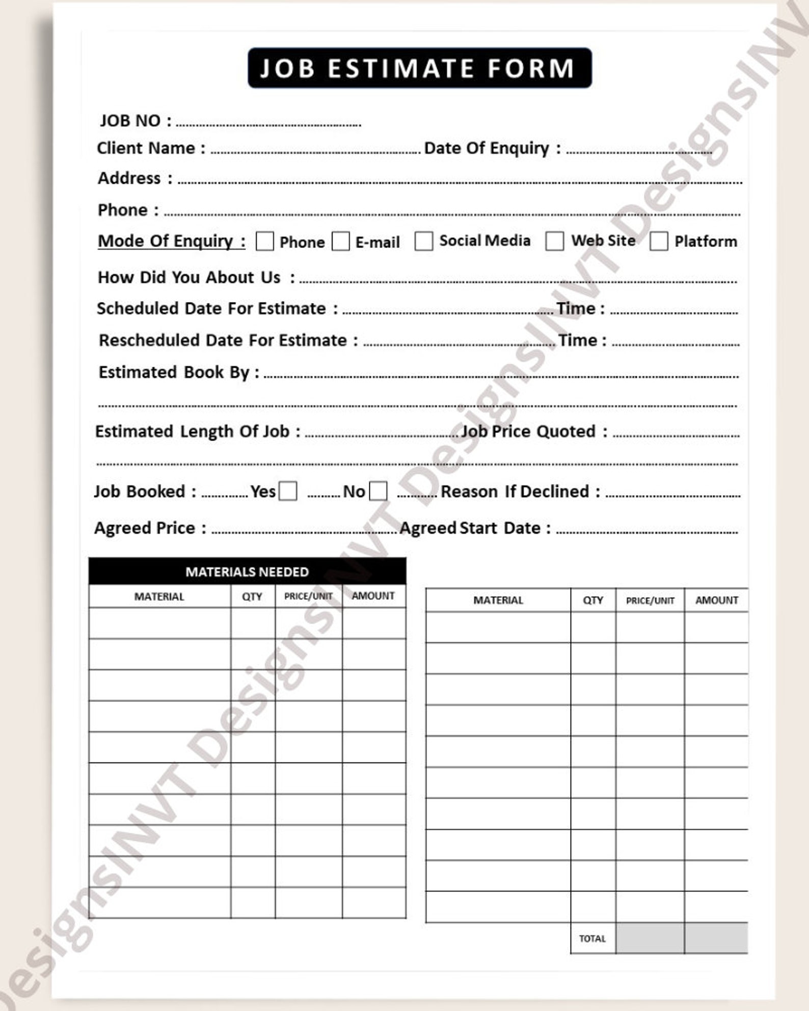 Job Estimate Form | Printable Job Estimate Template | Pdf/microsoft ...