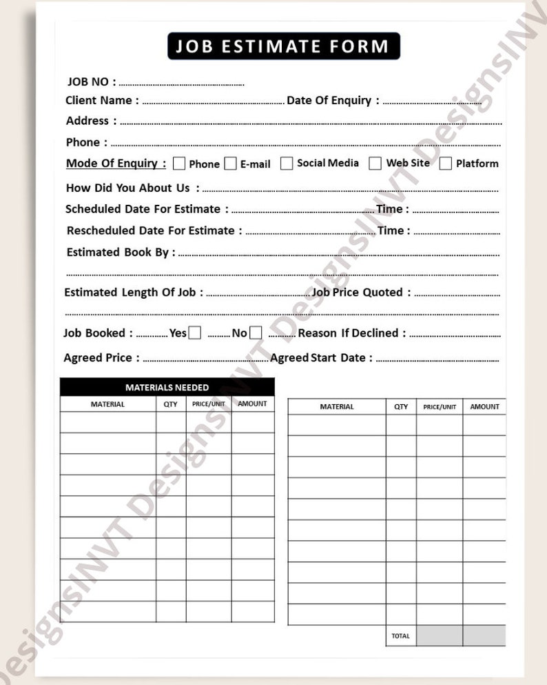 Job Estimate Form | Printable Job Estimate Template | Pdf/microsoft ...