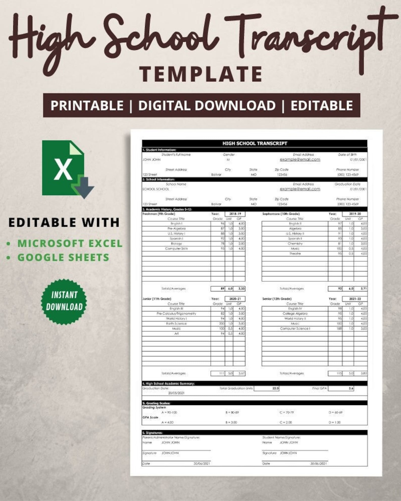 Fillable High School Transcript Template: Editable GPA Form (digital ...