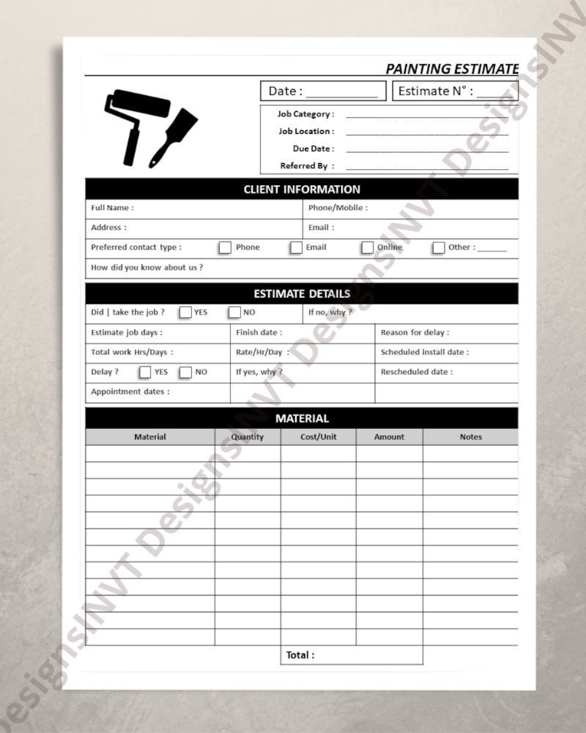 Painting Estimate Form | Painter Estimating Sheets | Printable Job ...