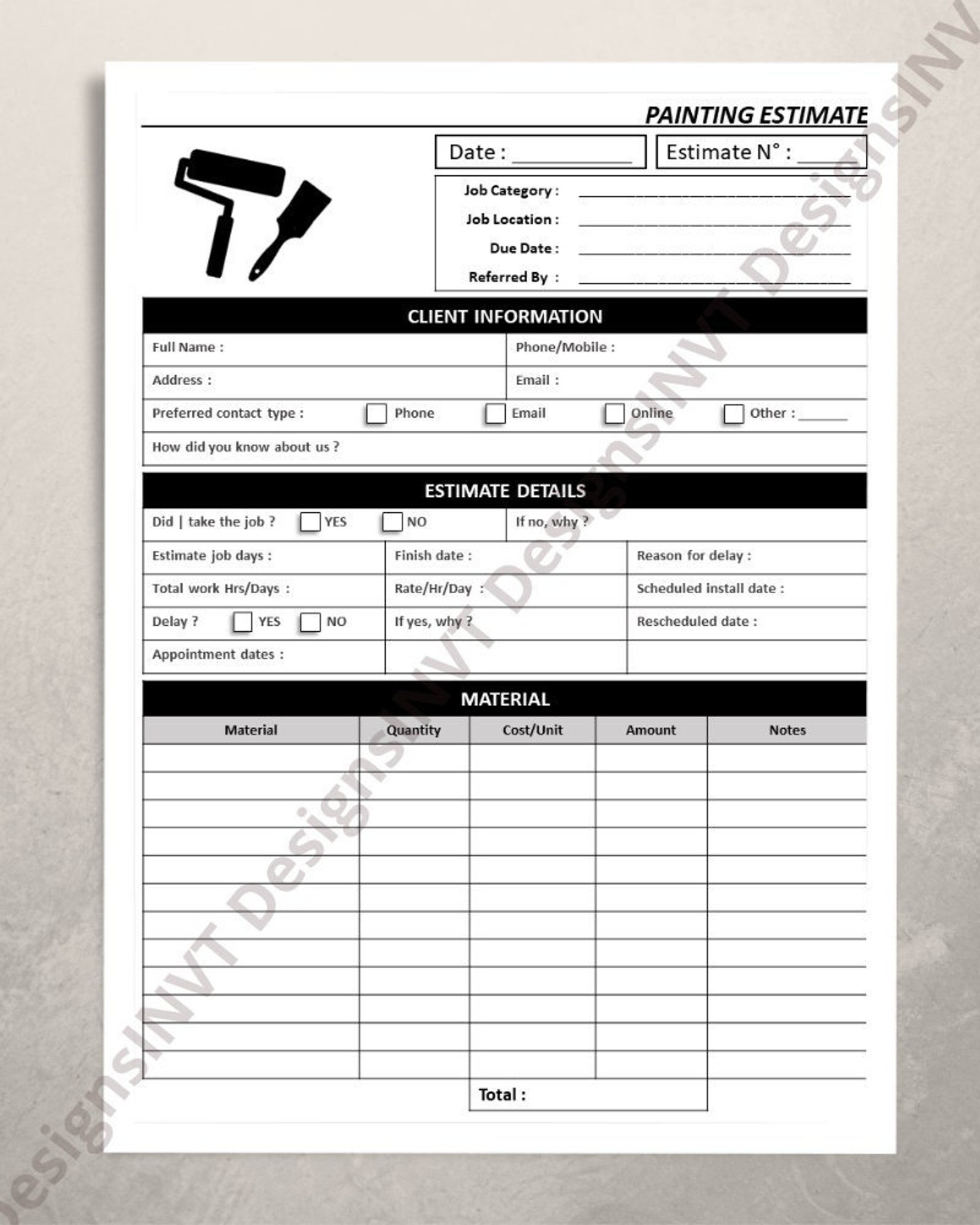 Painting Estimate Form | Painter Estimating Sheets | Printable Job ...