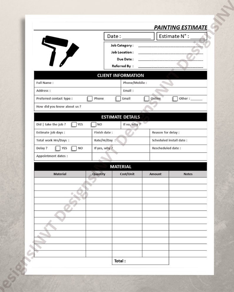 Painting Estimate Form: Printable Job Quote Template (PDF, PPT) - Etsy