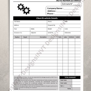 Auto Repair Estimate Form: Printable Mechanic Work Order (PDF & PPT) - Etsy