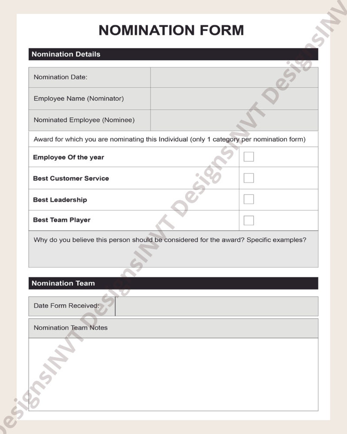 Printable Employee Award Nomination Form (PDF & DOC) - Etsy