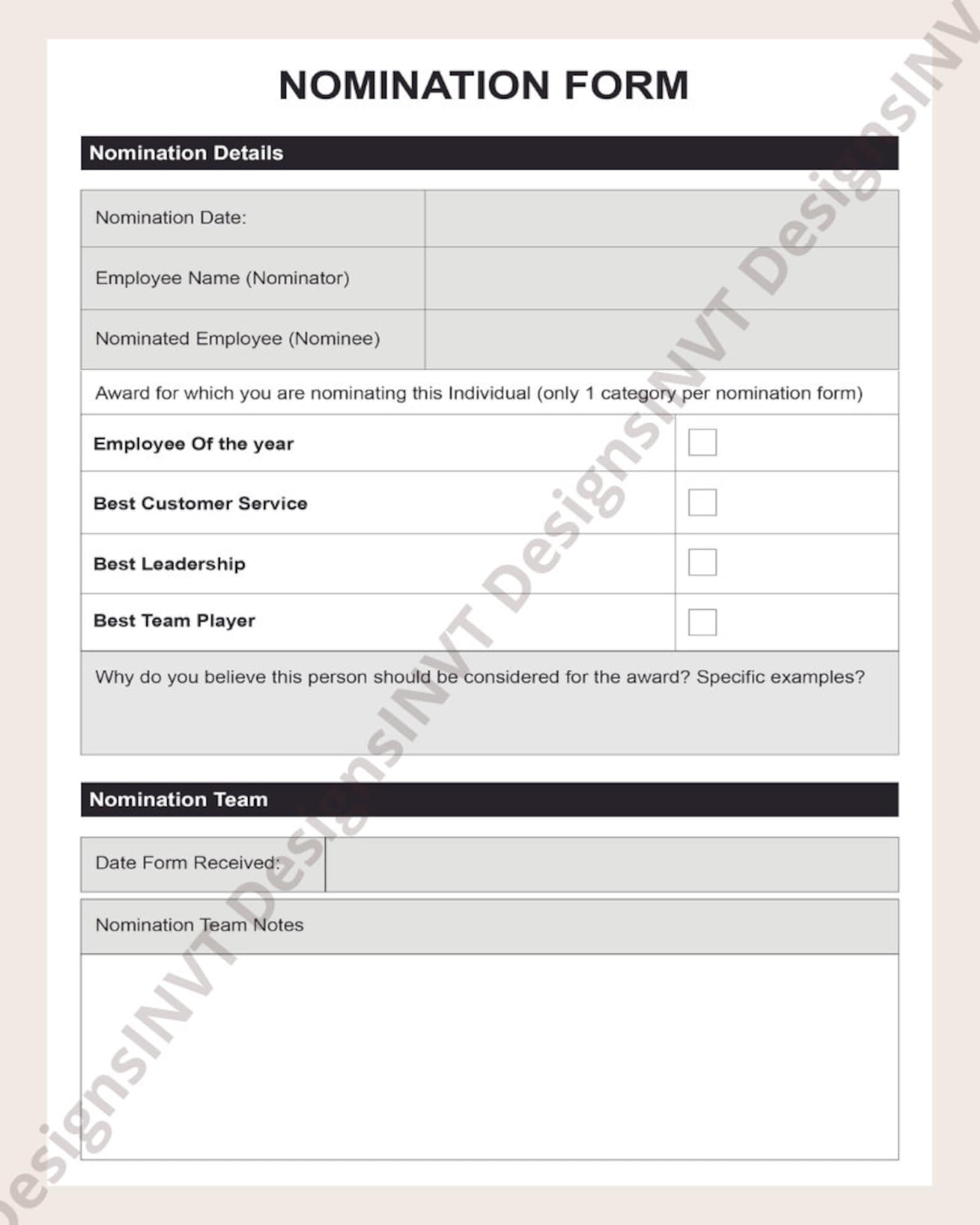 Employee Award Nomination Form Printable Employee Nomination Form