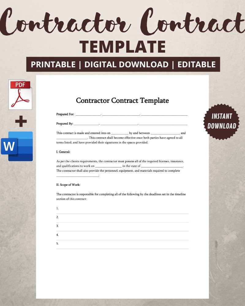 Editable Business Contract | Contractor Contract Template | Printibale ...