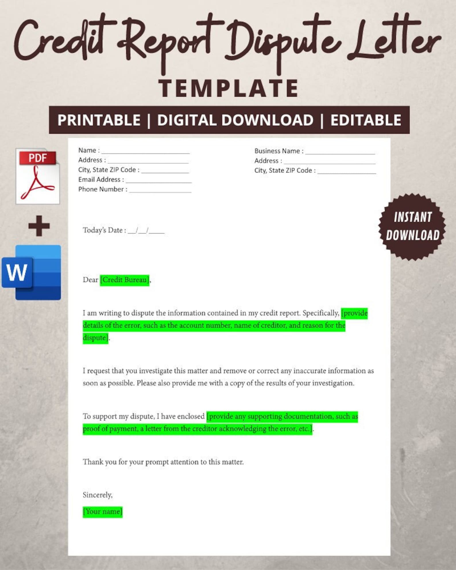 Professional Credit Report Dispute Letter Template | Editable MS WORD ...